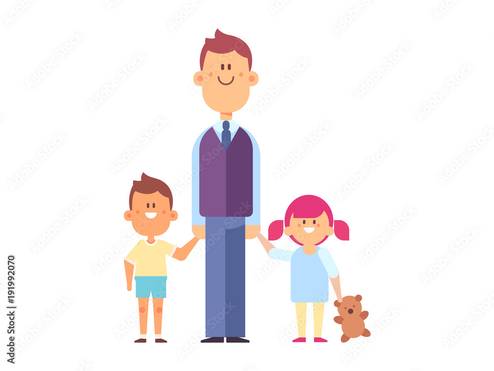 Cartoon young father with kids, isolated on white background. Happy ...
