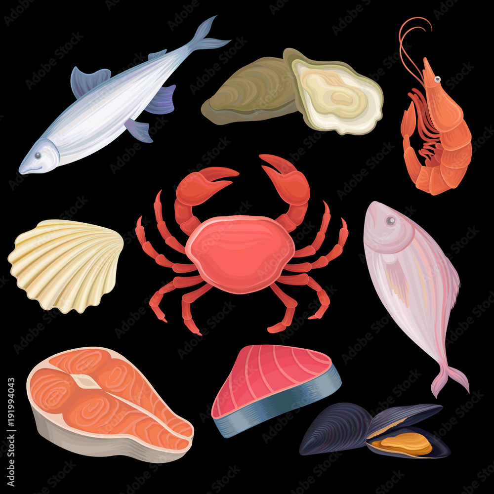 Cartoon icons set with different kind of seafood. Tuna, oysters, shrimp ...