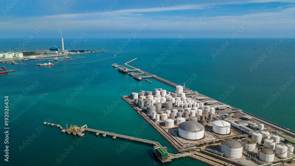 Aerial view of tank farm for bulk petroleum and gasoline storage, Crude ...