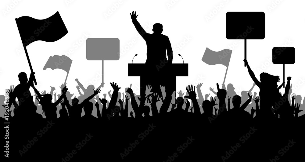 Crowd of people demonstrating silhouette. Oratory art, politics ...
