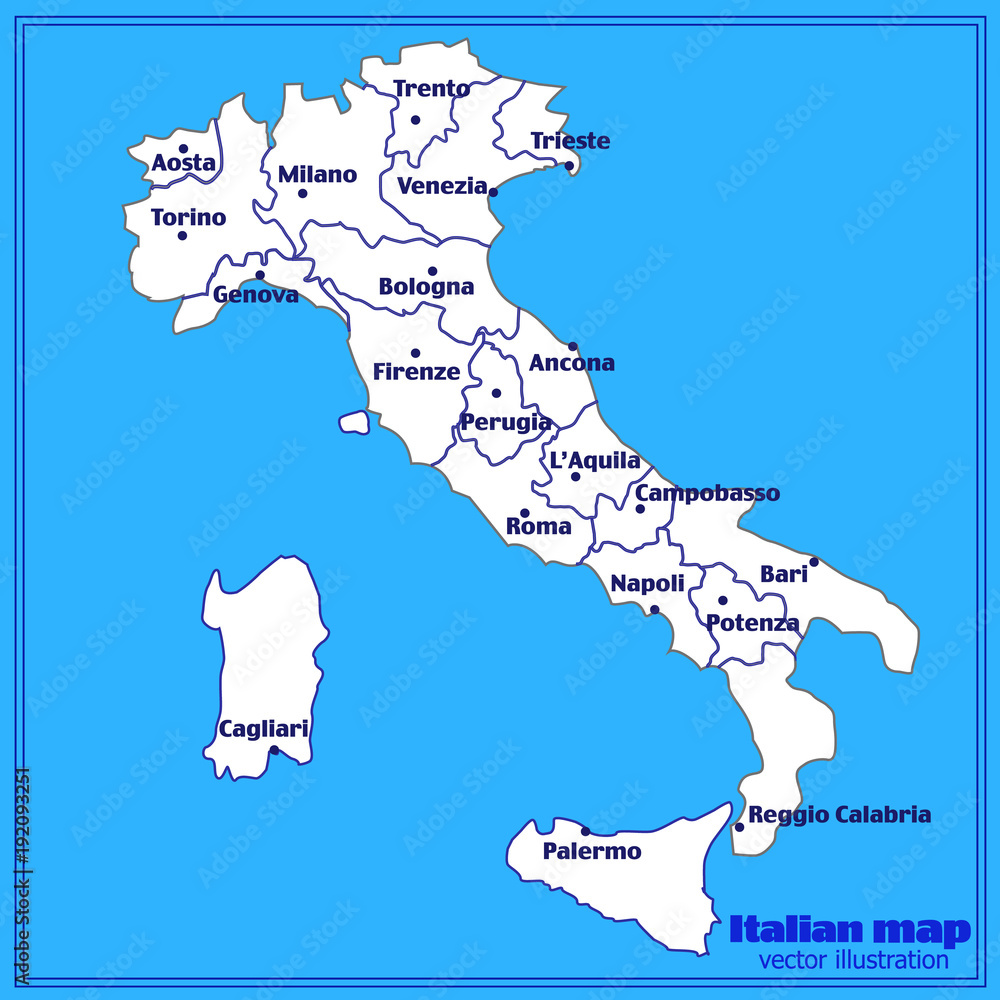 Map of Italy with blue background. Italy map with Italian big cities ...
