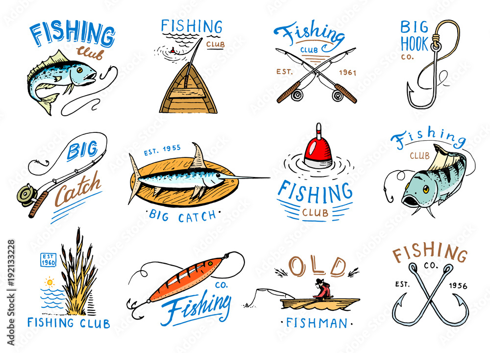 Fishing logo vector fishery logotype with fisherman in boat and emblem ...