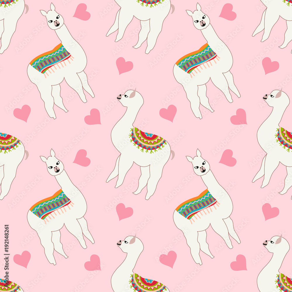 Seamless pattern with cute llama and heart. Vector abstract background ...