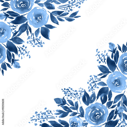 Indigo blue watercolor roses. Monochrome floral template Stock ...