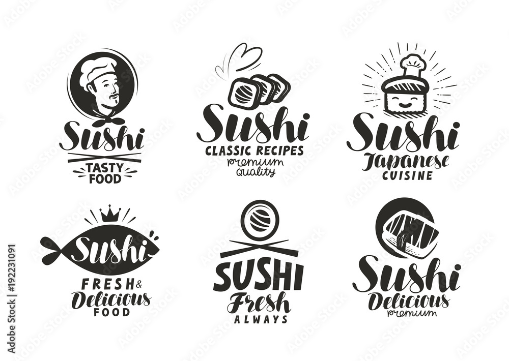 Sushi and Rolls logo or label. Japanese food menu. Lettering vector ...
