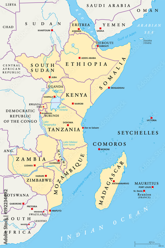 East Africa region, political map. Area with capitals, borders, lakes ...
