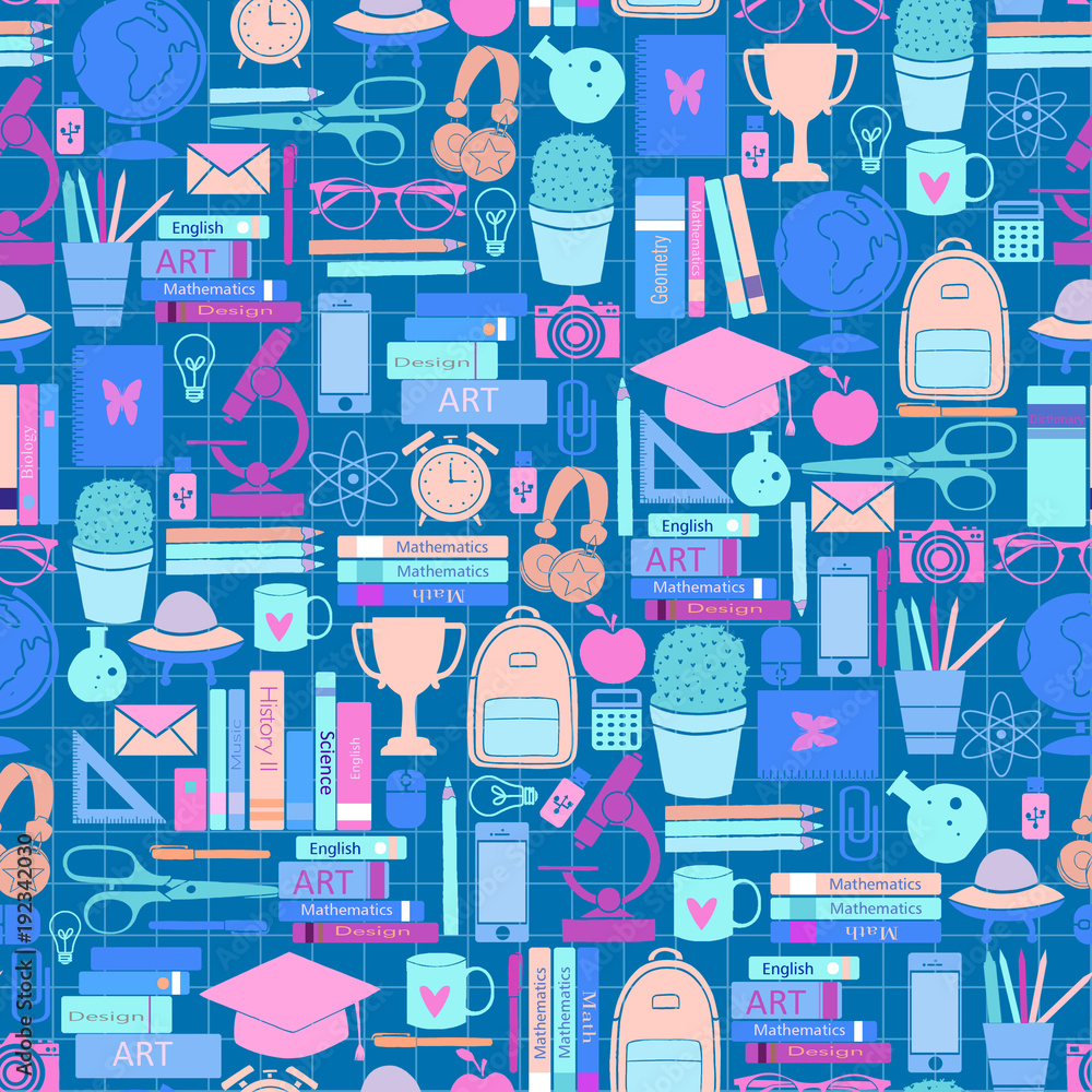 Hand Drawn Study seamless pattern with school accessories. Sketch ...