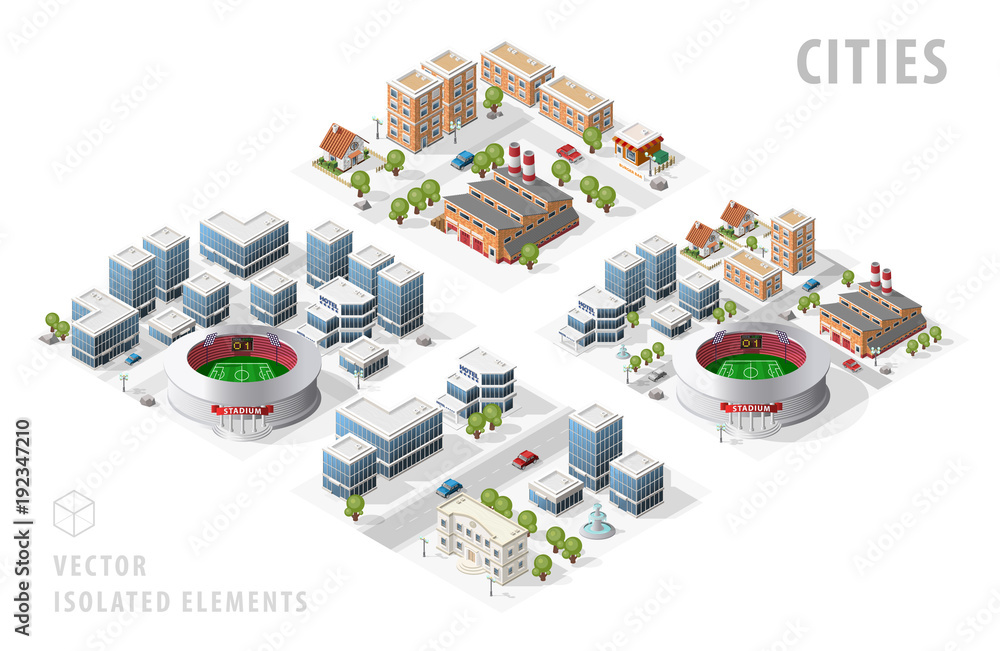Set of Isolated Isometric Realistic City Maps. Elements with Shadows on ...