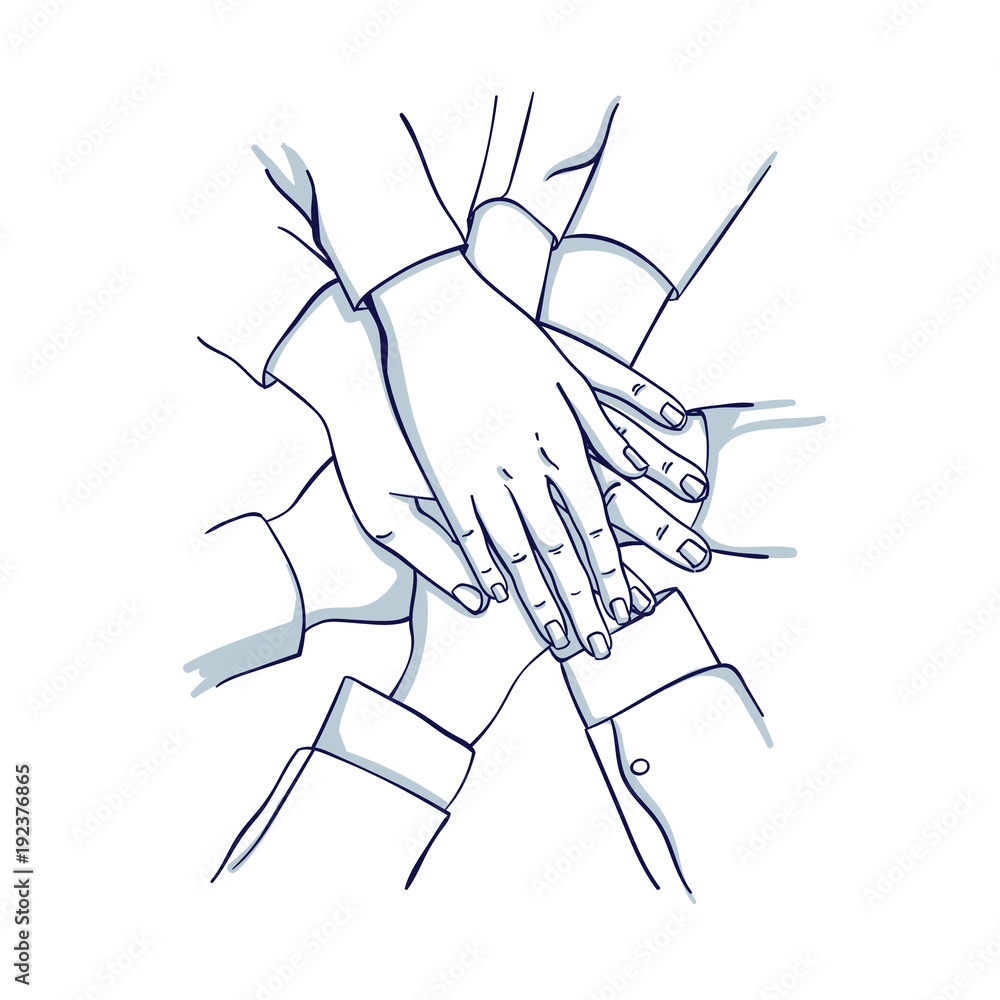 Stack of business hands. Team together. Hand drawn doodle cartoon ...
