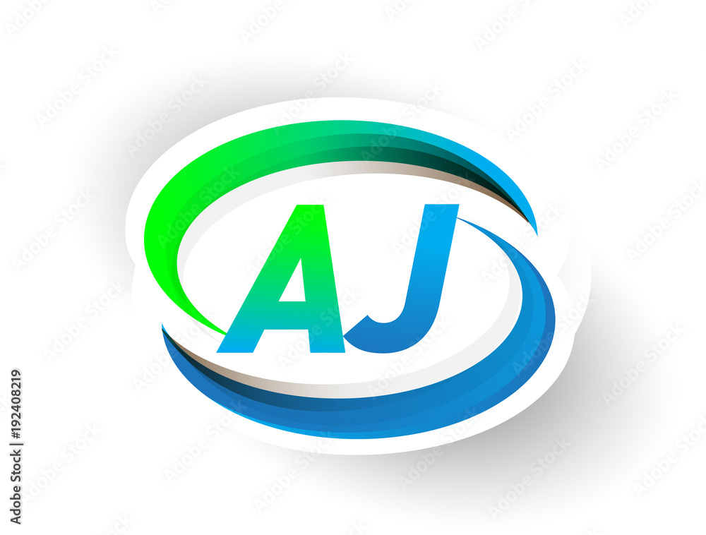 initial letter AJ logotype company name colored blue and green swoosh ...