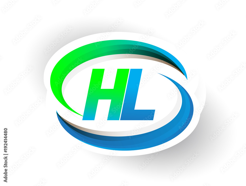 initial letter HL logotype company name colored blue and green swoosh ...