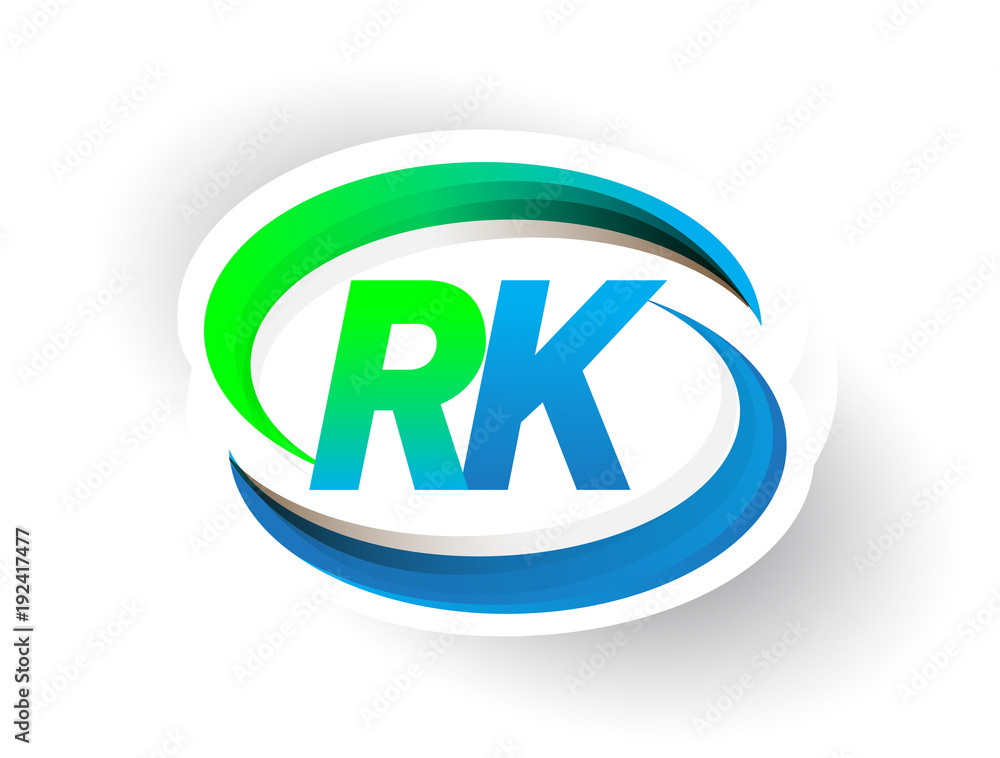initial letter RK logotype company name colored blue and green swoosh ...