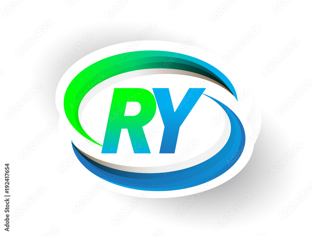 initial letter RY logotype company name colored blue and green swoosh ...