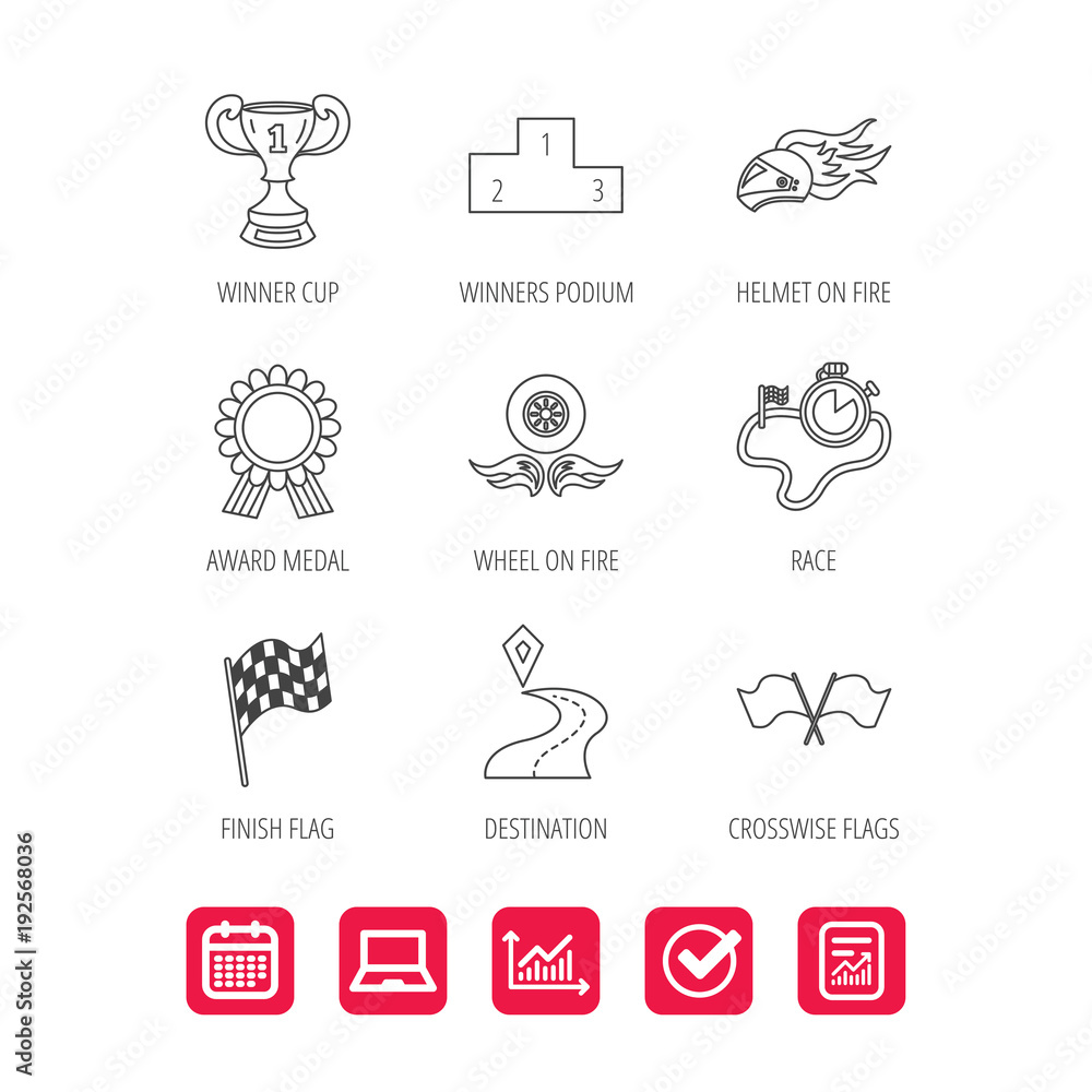 Winner cup and award icons. Race flag signs. Stock Vector | Adobe Stock