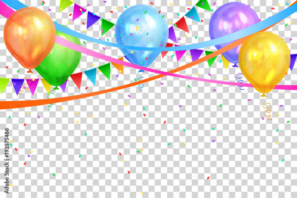 Happy Birthday. Border of realistic colorful balloons and flags ...