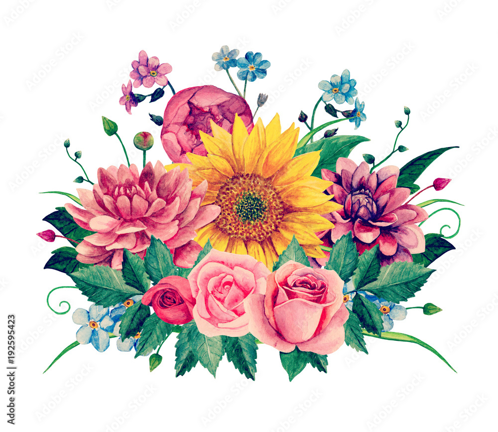 Watercolor floral bouquet clipart. Handpainted flowers clip art Stock ...