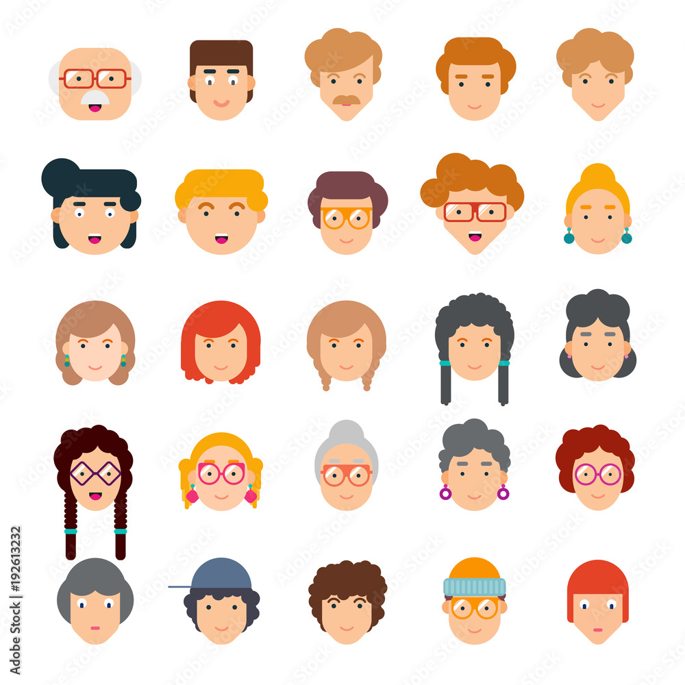Colorful set of faces in flat design. Vector illustration of flat ...