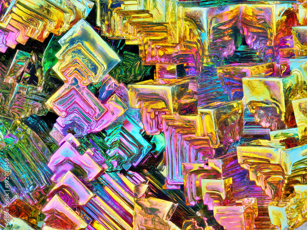 Amazing colorful rainbow Bismuth Gemstone Crystals macro closeup ...