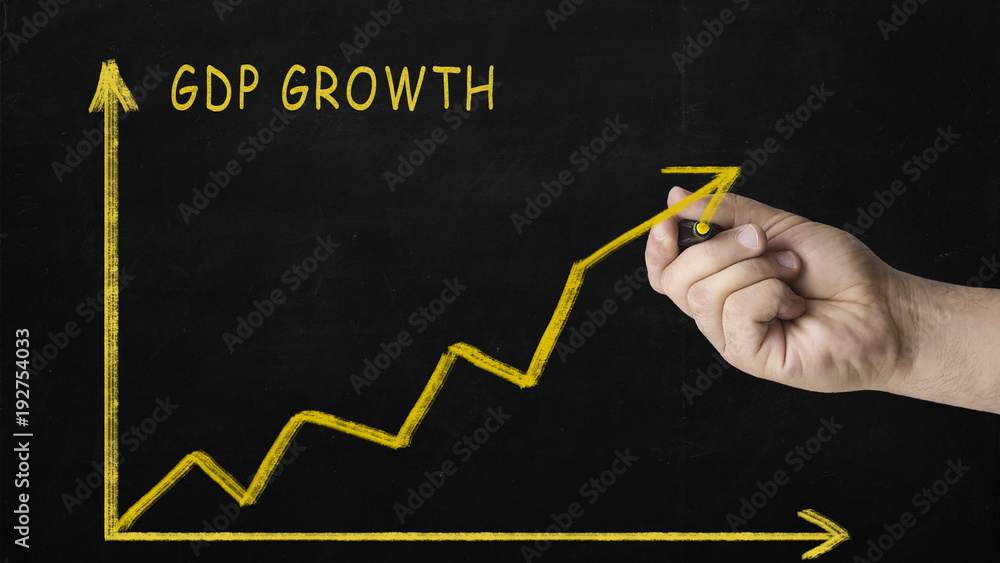 hand drawing growing chart line showing GDP growth blackboard Stock ...