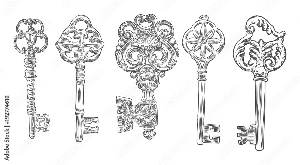 Set of hand drawn antique keys. Sketch style of vintage key on white ...
