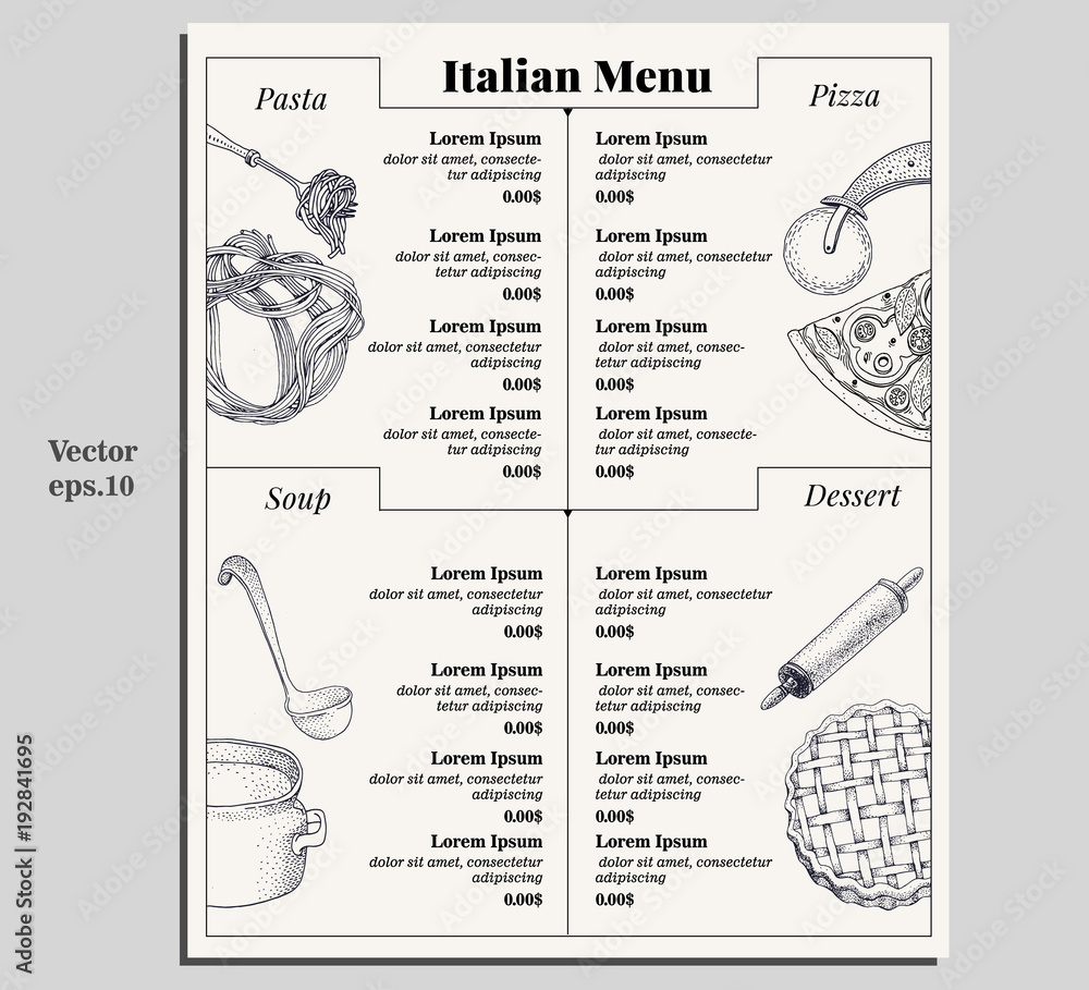 Italian food menu of different pasta, pizza, soup and dessert. Design ...