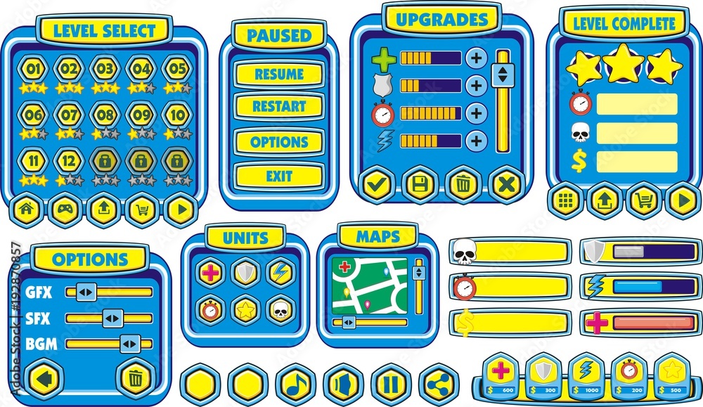 Game User Interface in cartoon style with basic buttons and functions, status bar, for creating ...