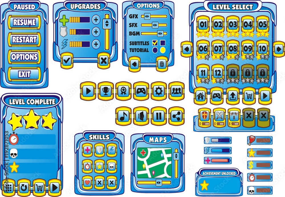 Game User Interface in cartoon style with basic buttons and functions, status bar, for creating ...