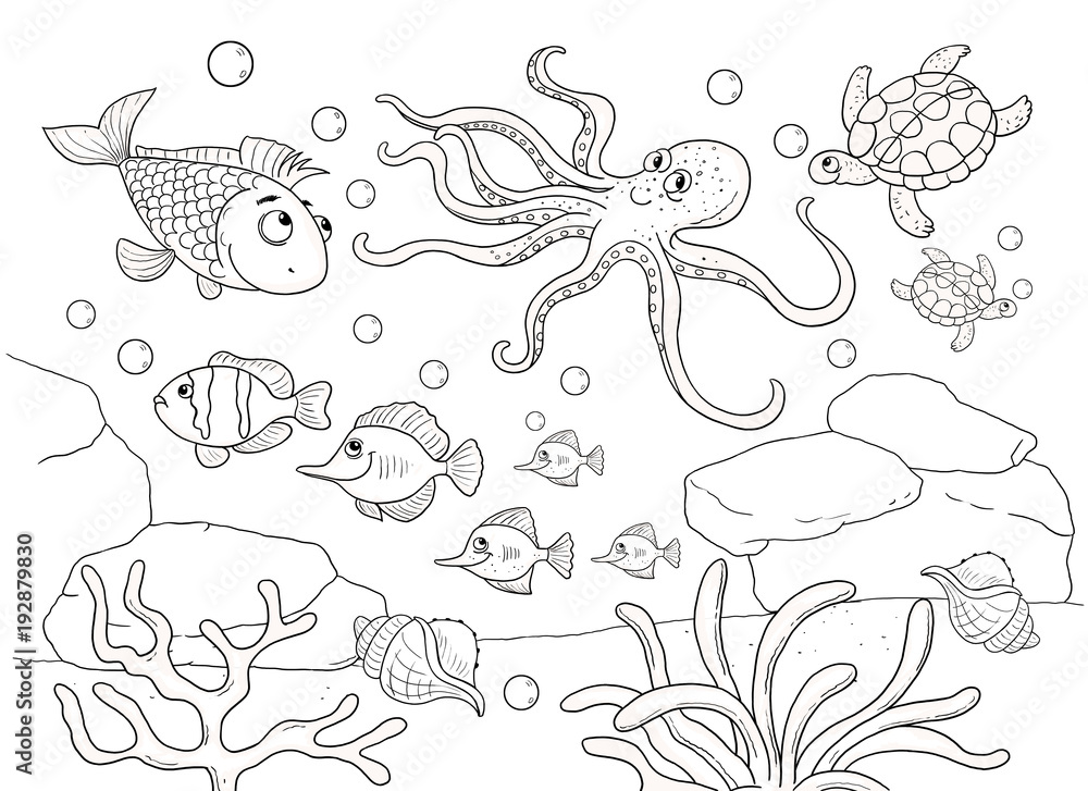 Cute sea animals. Ocean. Different fish. Coloring page. Illustration ...