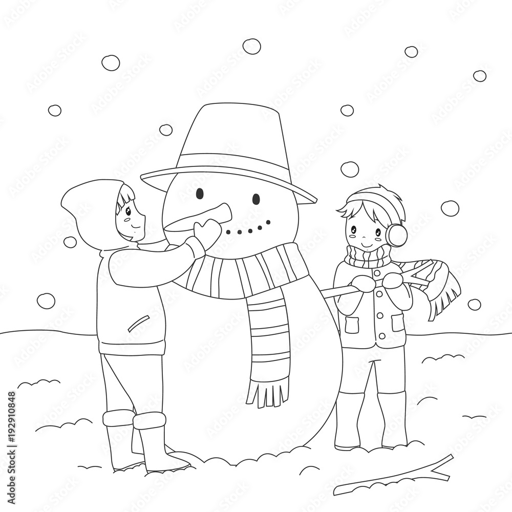 happy boy and girl building snowman on winter day. Winter holiday ...