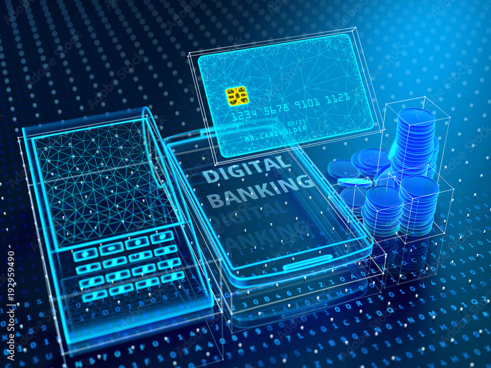 Technology of modern digital banking. Credit card, smartphone, POS ...