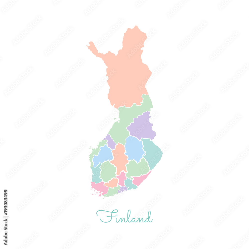 Finland region map: colorful with white outline. Detailed map of ...