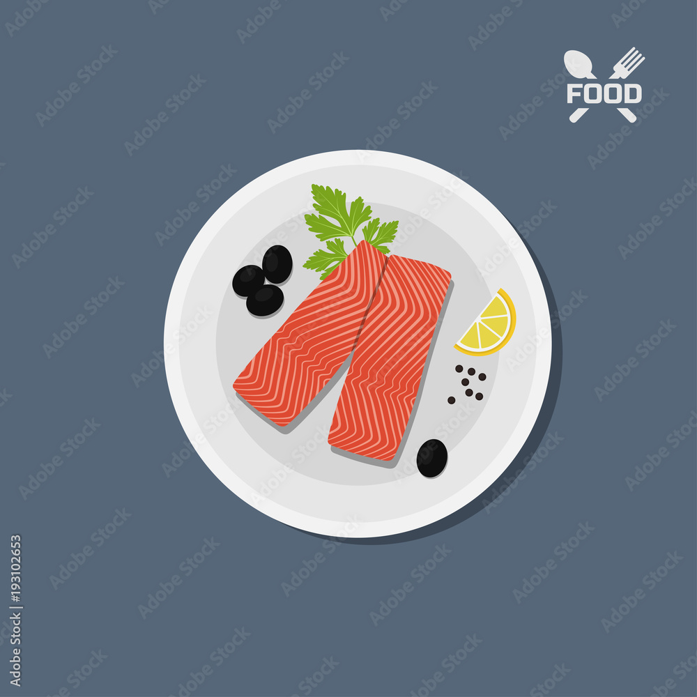 Icon of salmon fillet on a plate. Top view. Restaurant dish. Seafood ...