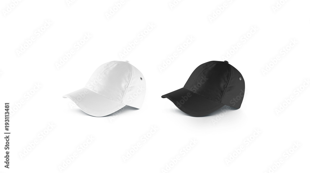 Blank black and white lying baseball cap mockup set, side view. Clear ...