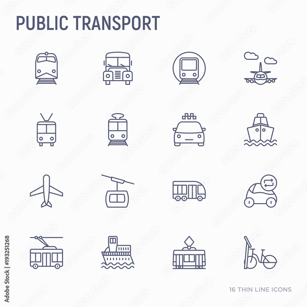Public transport thin line icons set: train, bus, taxi, ship, ferry, trolleybus, tram, car ...