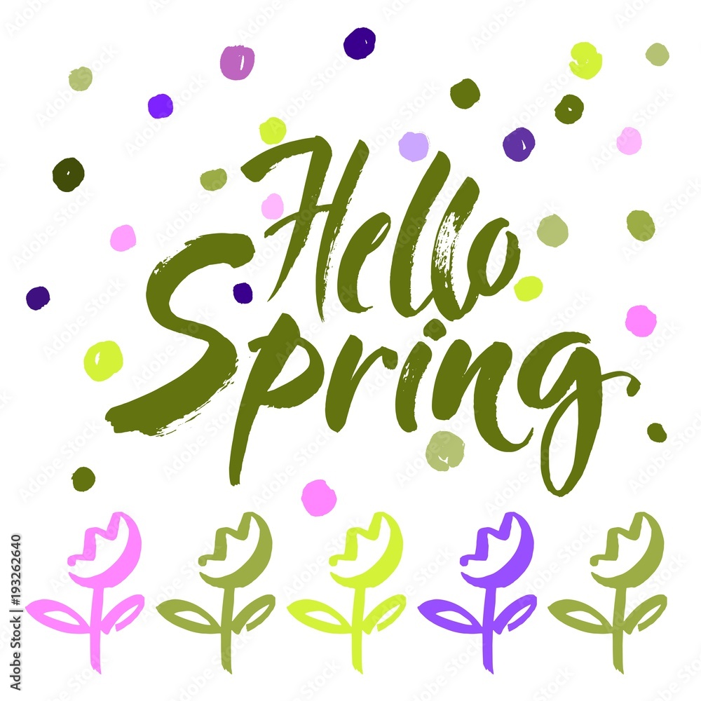 Phrase Hello spring Brush lettering isolated on polka dots background ...
