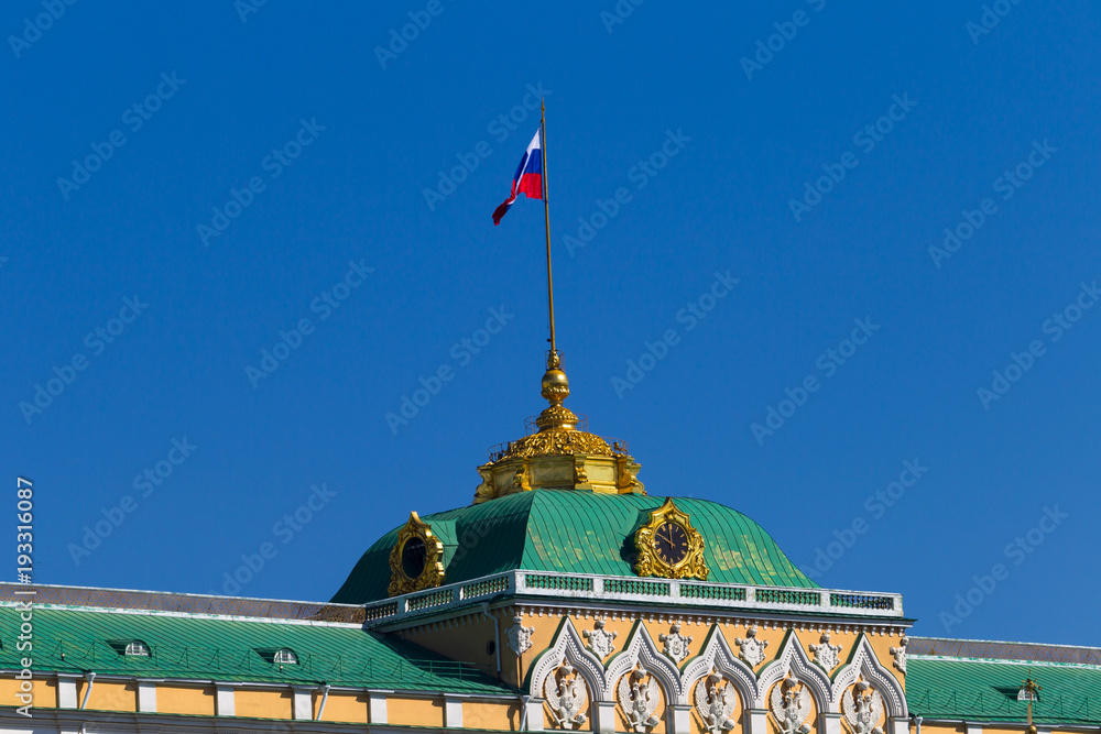 Russia, Moscow, Grand Kremlin Palace, clock, flag and two-headed eagles ...