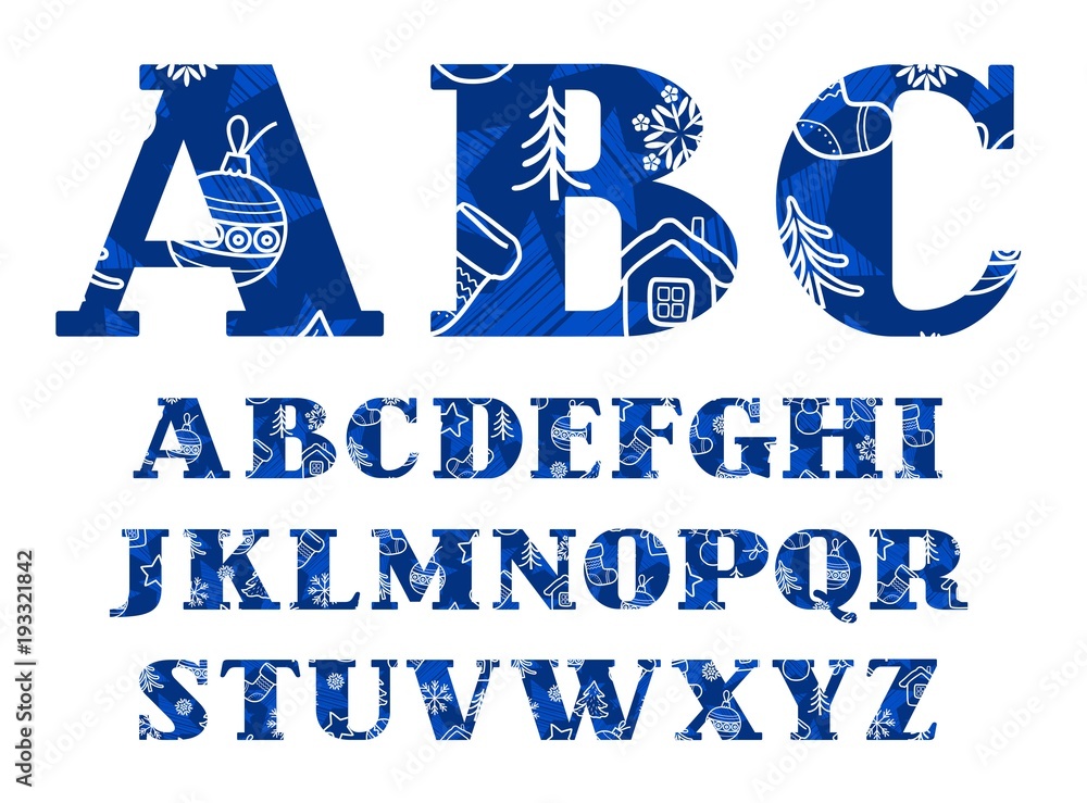 English Christmas font, winter, blue, vector. Capital letters of the ...