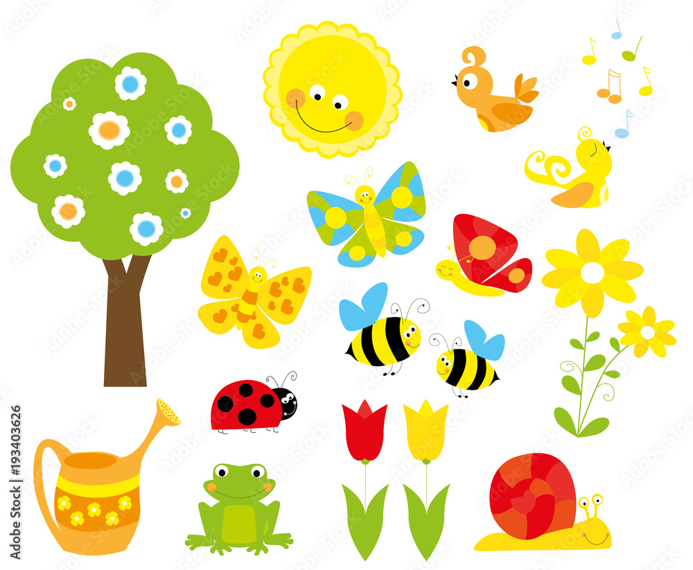set of cute cartoon nature objects: flowers, birds, flying butterflies ...