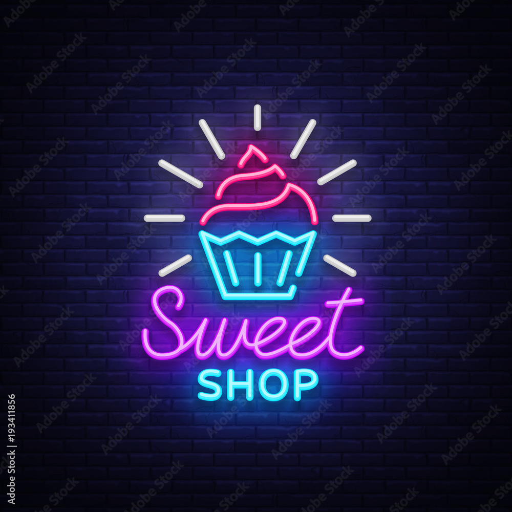 Sweet Shop logo is neon style. Candy Shop neon sign, banner light, bright neon night sweets ...