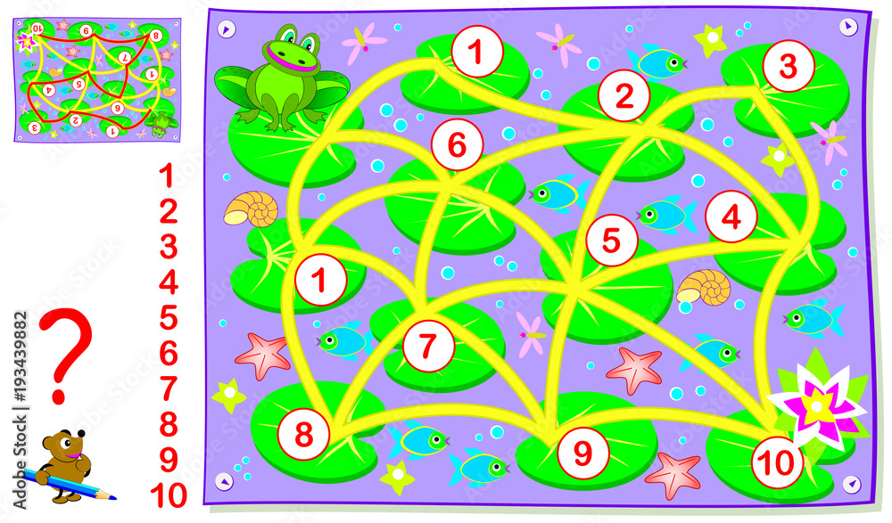 Logic puzzle game for young children with labyrinth. Draw a path for ...