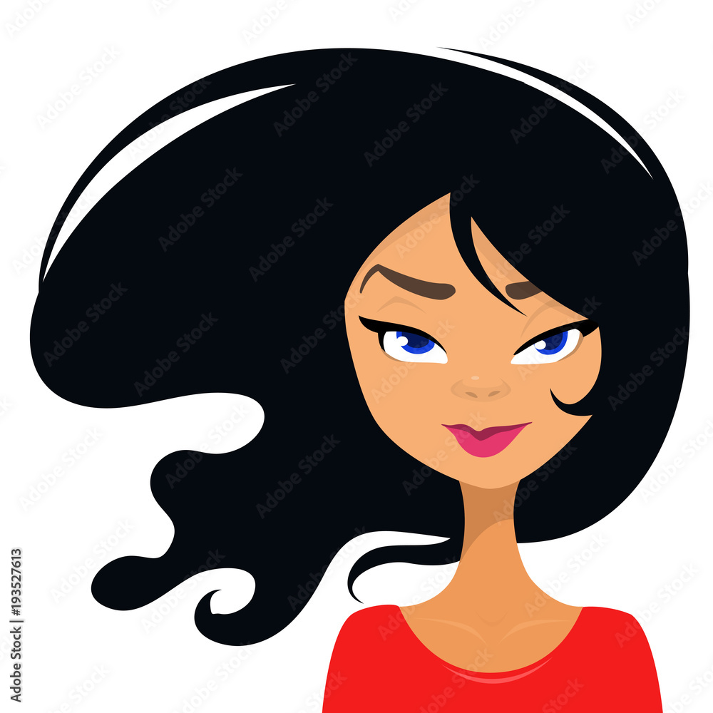 Cartoon girl face portrait with curly black haircut . Top-model girl ...