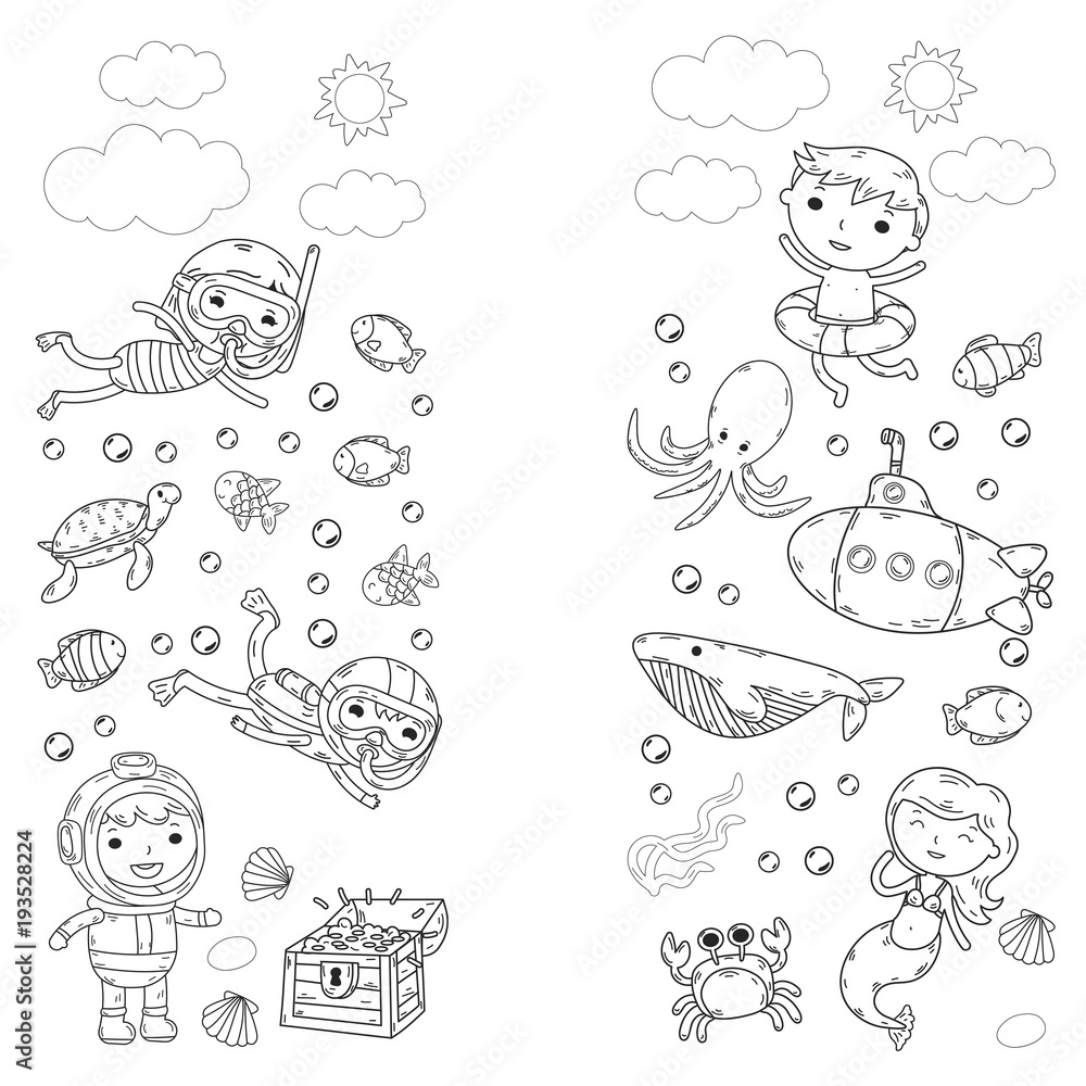 Underwater. Kids waterpark. Sea and ocean adventure. Summertime. Kids ...
