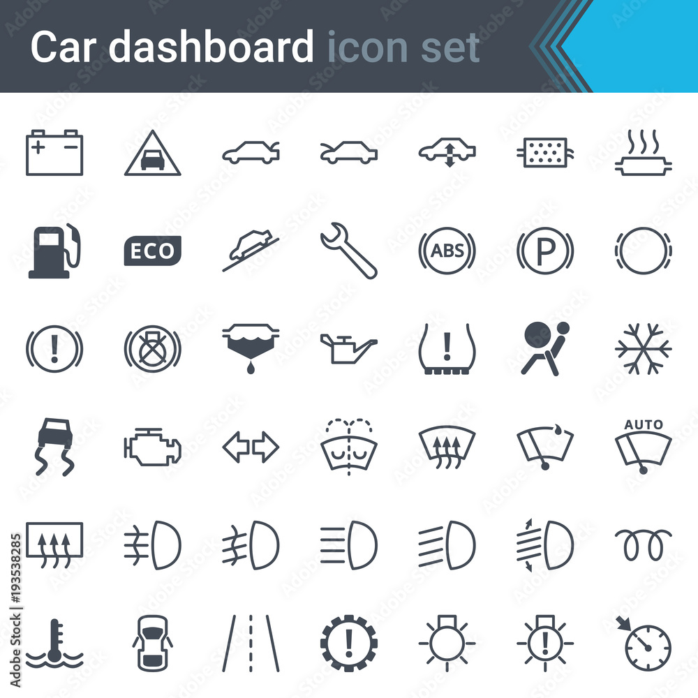 Car dashboard interface and indicators icon set - service maintenance ...
