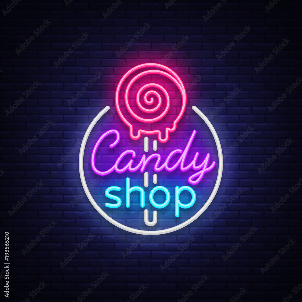 Candy shop logo in neon style. Store sweets neon sign, banner light, bright neon night sweets ...