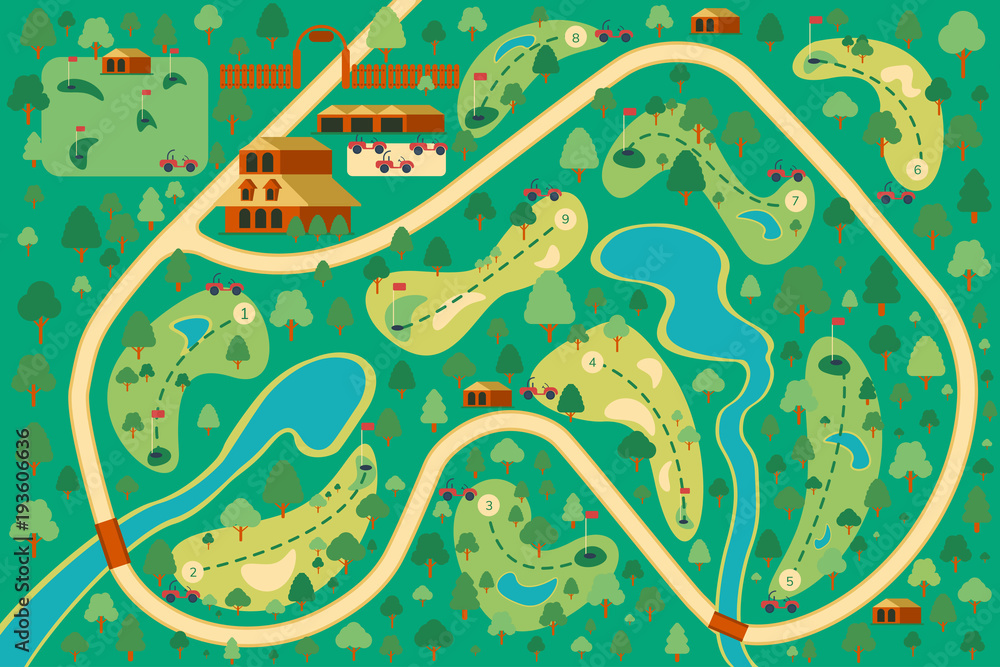 Image vectorielle Stock Golf course map 9 holes. Location of the resort ...