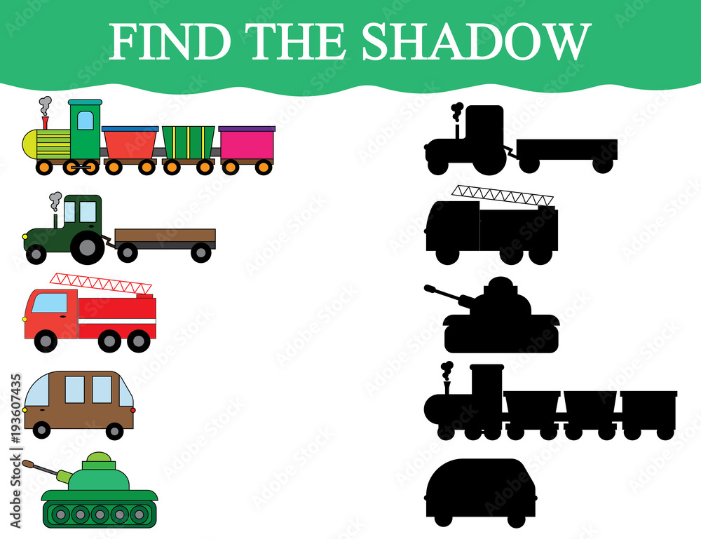 Educational game for children. Find the shadow objects of transport ...