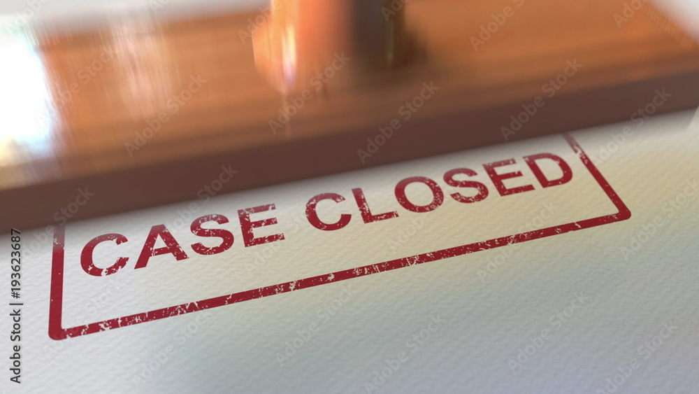 Putting CASE CLOSED rubber stamp on the paper. 3D rendering Stock ...