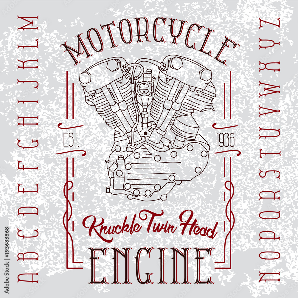 Stylish retro font set with knuckle twin head motorcycle engine. Biker ...