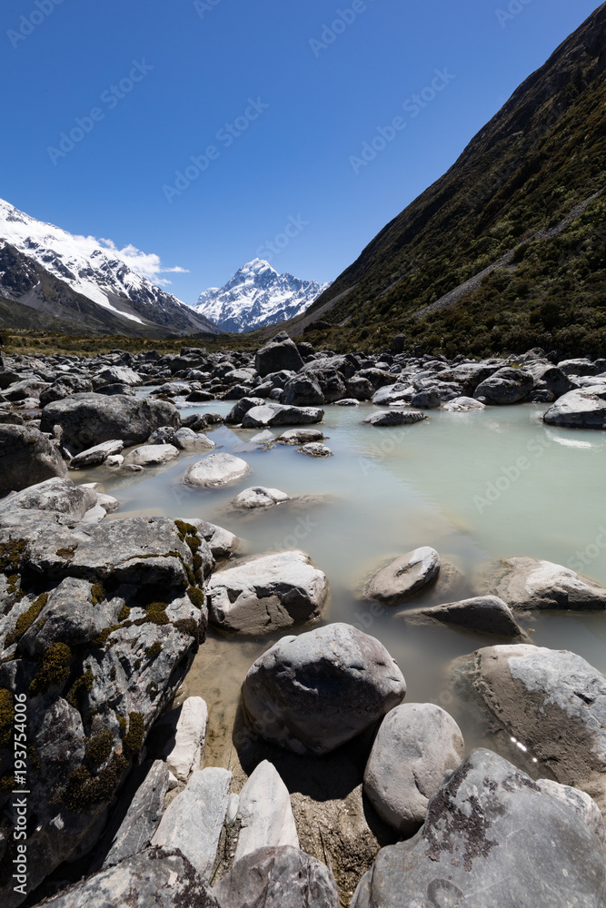 Mount Cook with river flowing over rocks in the foreground, Mount Cook ...