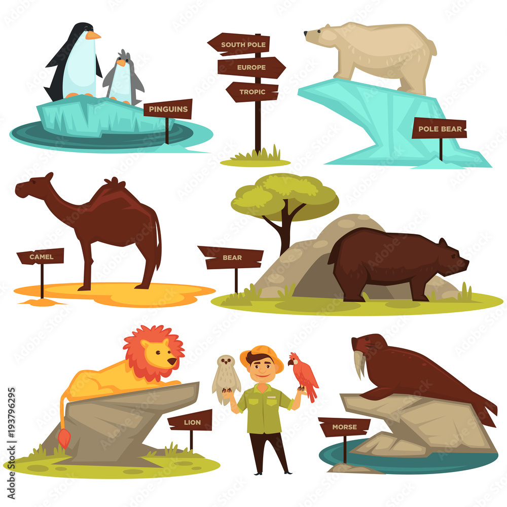 Zoo animals names and map direction wooden signs vector cartoon ...